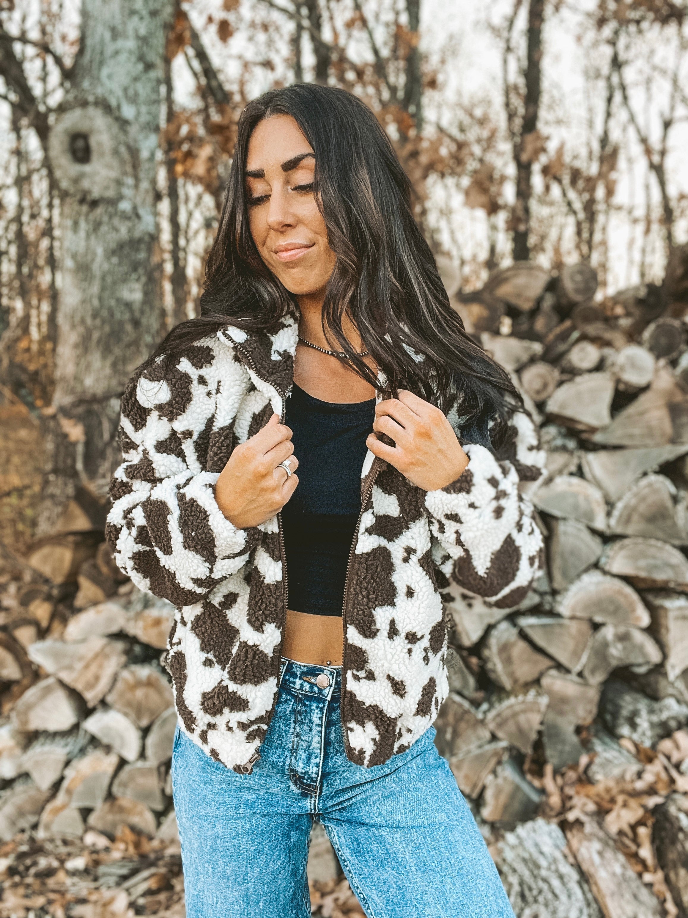 Cow Print Sherpa Jacket | Cinched Up Designs